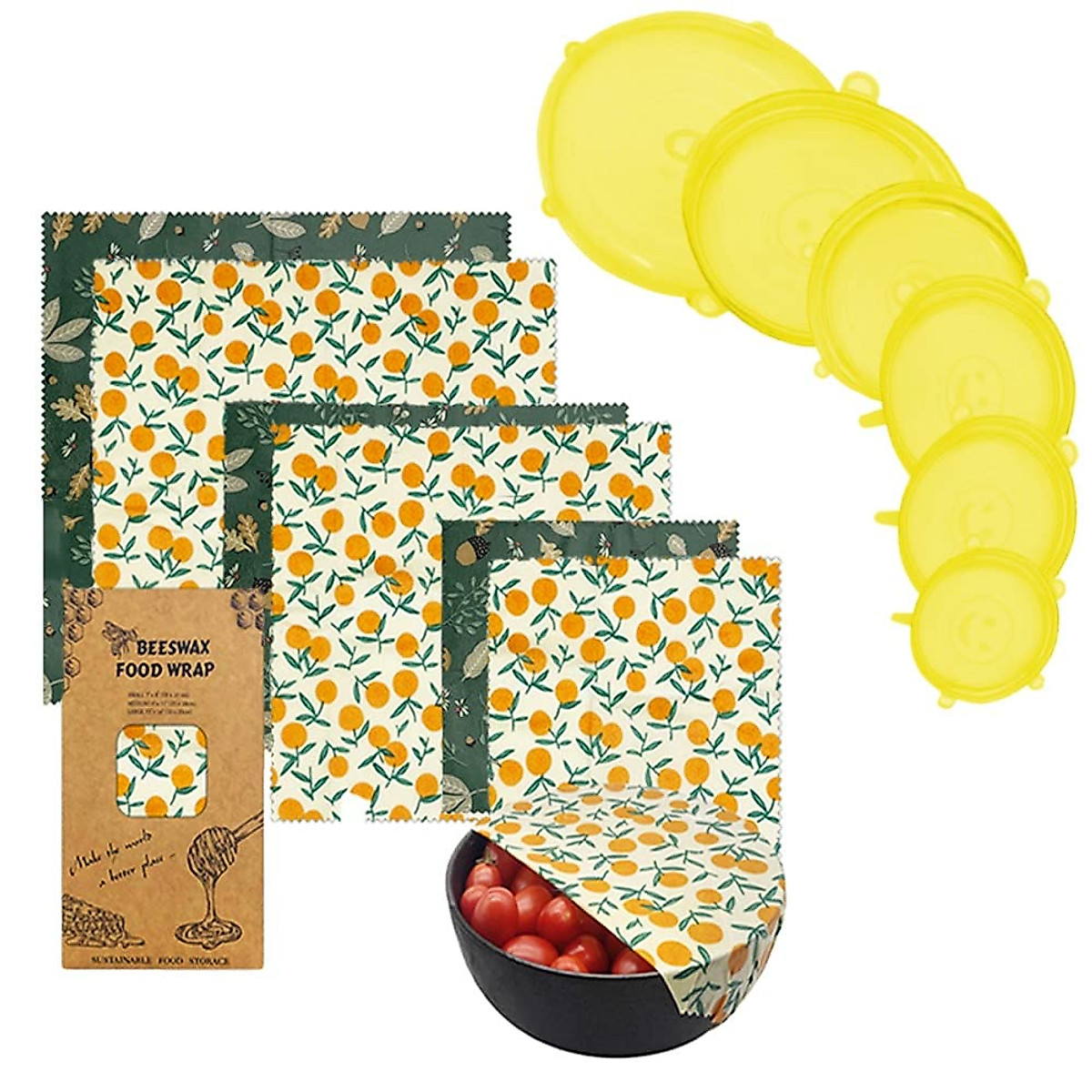 12 Pack - Eco-Friendly, Reusable, & Washable Container Set of Beeswax Food Wraps, Airtight Silicone Lids 6 - Beeswax Wraps, 6 - Silicone Lids