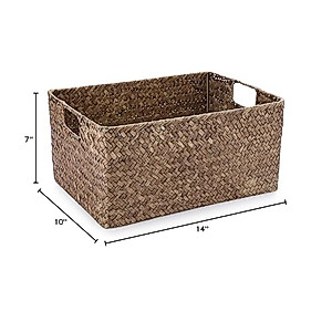 Hipiwe Seagrass Storage Opened Baskets Bin for Shelf Organizing Handwoven Wicker Baskets Rectangular Decorative Basket Closet Bedroom Organizer Bin Box Multipurpose Storage Basket with Handle