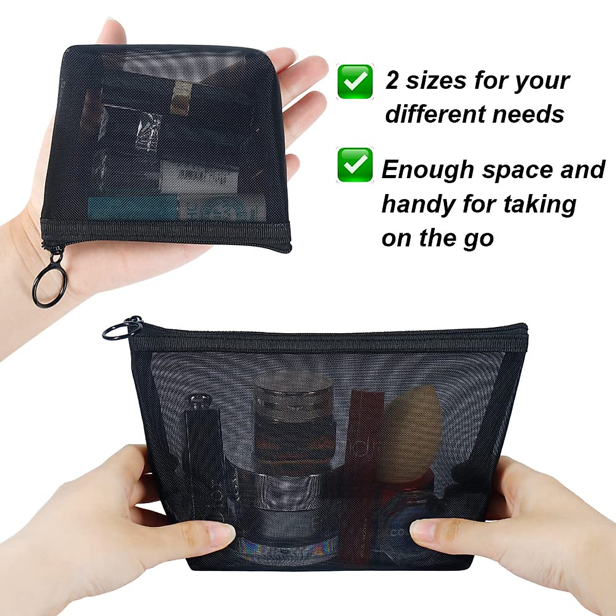 HRX Package Black Mesh Makeup Bag, 4pcs Travel Cosmetic Pouches with Zipper Toiletry Organizer Case for Purse Diaper Bag Tote Bag