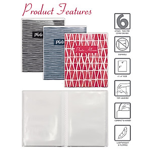 Better Office Products 36 Photo Mini Photo Album, 4 x 6 Inch, Pack of 6, Flexible Cover with Removable Decorative Inserts, Clear View Front Cover, 6 Pack