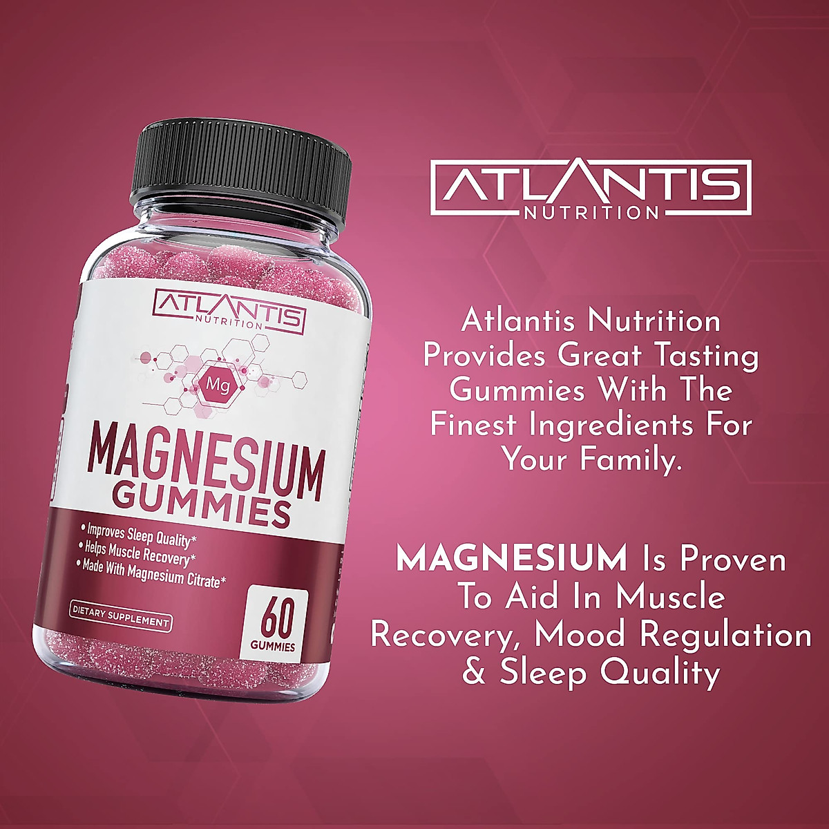 Atlantis Nutrition Magnesium Gummies | 770 MG Magnesium Citrate | Helps Muscle Recover & Relieves Cramps, Promotes Calmness, Improves Sleep Quality | Formulated for Adults & Kids | 60 Vegan Gummies