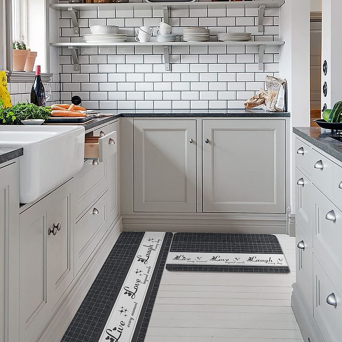 Live Love Laugh Grey Kitchen Rugs and Mats 2 Pieces Set, Gray Checkered Wall Art Modern Non Slip Floor Mat for Sink Laundry, Cushioned Anti-Fatigue Comfort Mat for Kitchen (24"x36"+20"x71")