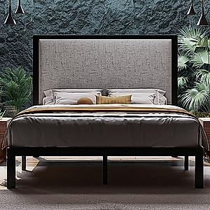 Allewie Full Size Bed Frame with 47'' Tall Upholstered Headboard, High Metal Bed Frame with 12'' Under-Bed Storage Space/Wood Slats Support/Easy Assembly/No Box Spring Need/Noise-Free/Grey