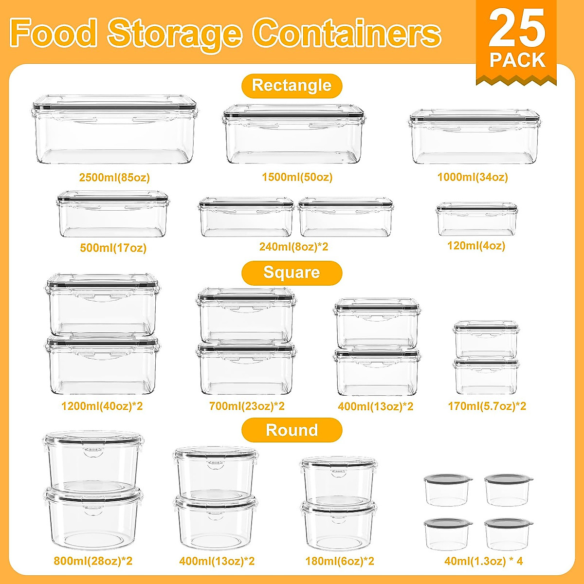 Fyrnova 34 PCS Food Storage Containers with Lids (17 Containers & 17 Airtight Lids), Leak Proof Plastic Meal Prep Container for Pantry & Kitchen Organization, BPA-Free with Labels & Marker