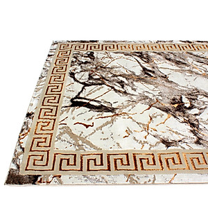 United Rugs 5x7 Beige Modern Marble Abstract Area Rug | Medium Pile, Non-Slip and Durable | Golden Borders with Leather Backing | Best Dining Room, Bedroom, Kitchen and Living Room Rug