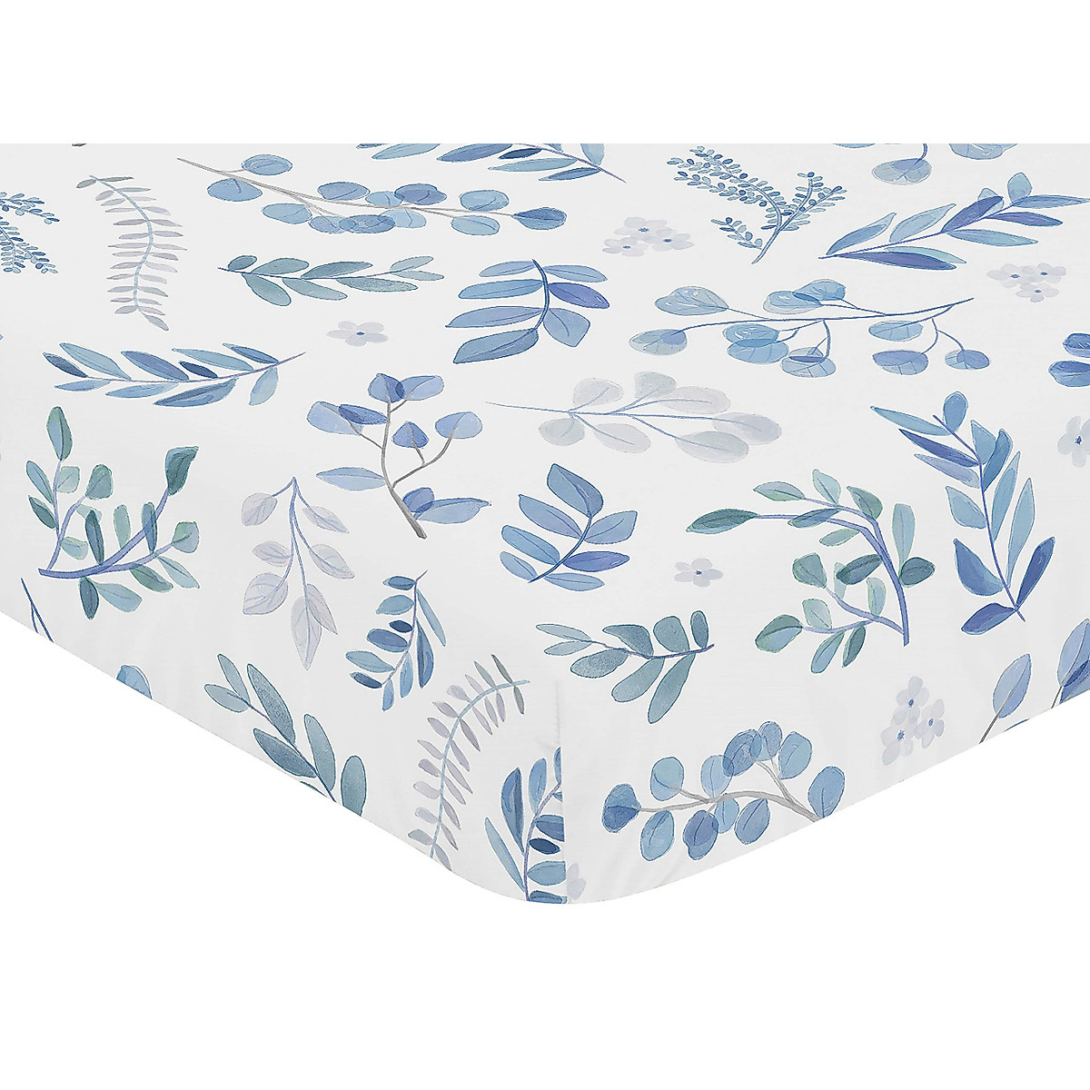 Sweet Jojo Designs Floral Leaf Boy or Girl Fitted Crib Sheet Baby or Toddler Bed Nursery - Blue Grey and White Boho Watercolor Botanical Flower Woodland Tropical Garden