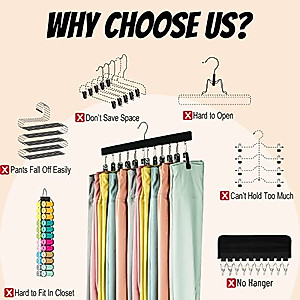 Pant Organizer for Closet, Knaive 2 Pack Pants Hangers Space Saving with 24 Strong Grip Clips Holds Leggings/Jeans/Hats/Wigs, Closet Organizer and Storage, Black Wood Hanger for Women Gift