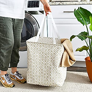 Household Essentials Krush Rectangular Laundry Bag with Handles, Tan Chevron Large