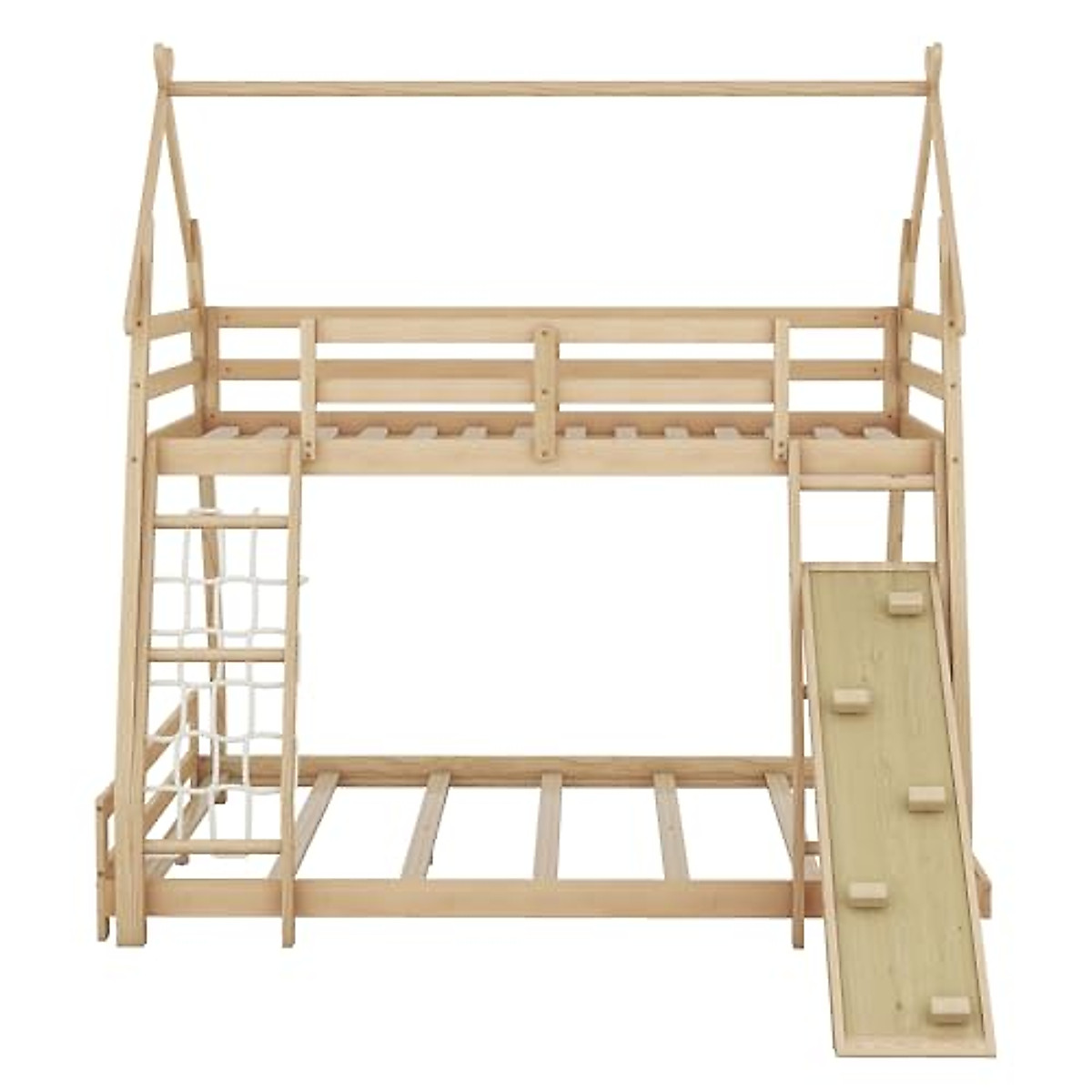 RORIGAT Twin Over Queen House Bunk Bed with Climbing Nets and Climbing Ramp, Wooden Low BunkBed Frame for Kids Boys Girls Bedroom,Natural