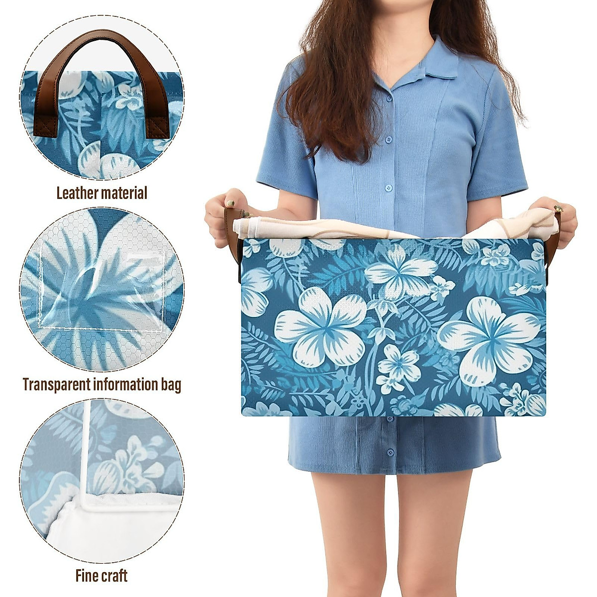 SPRIPORT Hawaii Blue Flowers Foldable Storage Cube for Shelves Fabric Storage Bin with Metal Frame & Double Handles Large Storage Box for Organizing Clothes Blankets Toys Books