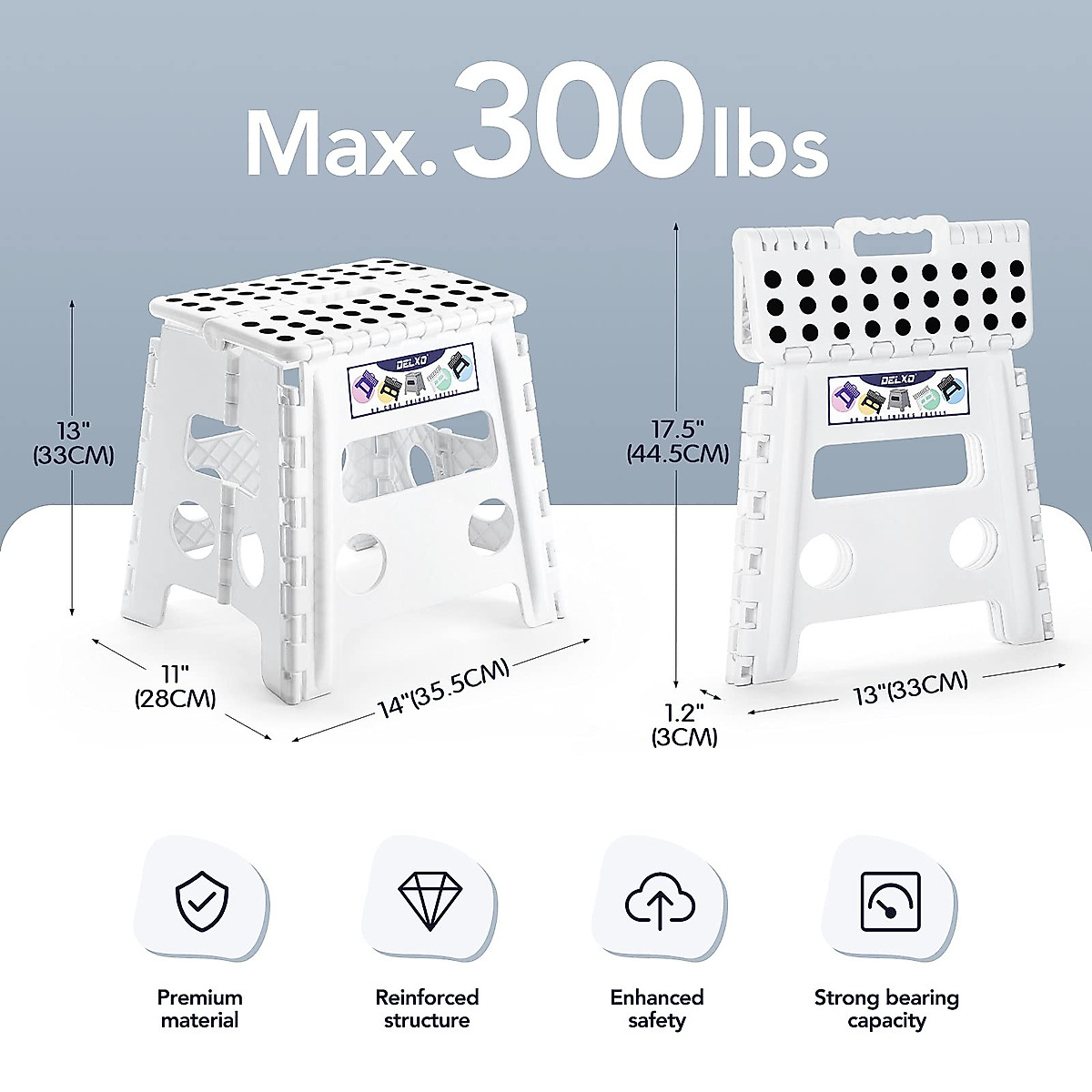 Delxo 13" Folding Step Stool for Kids and Adults, Non-Slip Foldable Step Stools with Handle,Plastic Portable Folding Stool for Bathroom,Bedroom,Kitchen,Hold up to 300lbs White