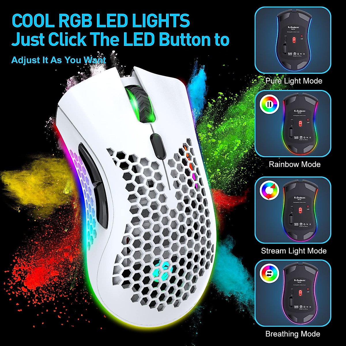 HETOETF Wireless Gaming Mouse Lightweight Honeycomb Design, Rechargeable RGB Backlight Computer Mouse with USB Receiver,Adjustable DPI,2.4GHz Wireless Mouse for PC/Mac/Laptop