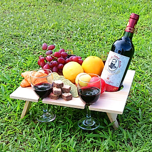 Outdoor Wine Picnic Table,Folding Portable Bamboo Tray with 4 Wine Glass Holder for Cheese and Fruit, Ideal for Camping, Beach, Wine Gifts for Women