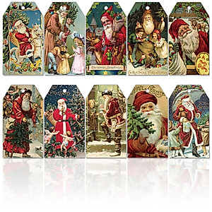 Whaline 120Pcs Vintage Christmas Paper Gift Tags with Hemp Rope Santa Hanging Tag with Pre-Punched Holes Xmas Favor Wish Labels, 10 Design