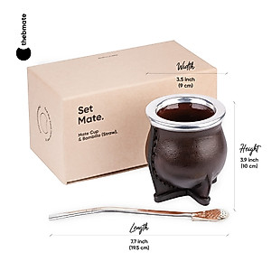 thebmate [Camionero Mate Premium Set Yerba Mate Cup - Crafted Ceramic Teacup - Leather Wrapped Handmade in Uruguay - Set Mate Camionero, German Silver Bombilla Straw, Cleaning Brush (Dark Brown)