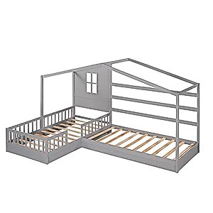 WXYNHHD Wood House Bed Twin Size 2 Twin Solid Bed L Structure with Fence and slatted Frame