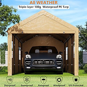 SANWAY 10'x20' Heavy Duty Carport with Removable Sidewalls & Doors, Portable Garage with Roll-up Ventilated Windows, Beige