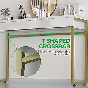 GreenForest Vanity Desk with 2 Drawers,39 inch White Desk with Glossy Desktop Easy Clean,Makeup Dressing Table with Metal Gold Legs for Home Office Small Spaces,Bedroom