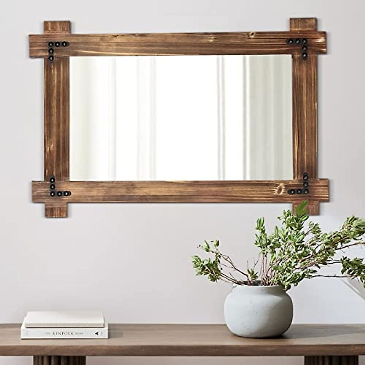 MeMoreCool Farmhouse Mirror Rustic Mirror Wood Framed Mirror for Bathroom, Decorative Bathroom Mirrors for Wall Wood, Wall Mounted Rectangular Mirror for Bedroom Living Room, Wood Mirror 24x36 Inch