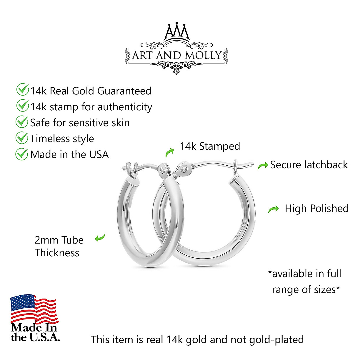 14k White Gold Polished Real Gold Hoop Earrings, Small Plain Round Gold Hoop 14kt Real Gold 12mm (0.47 inch)