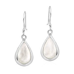AeraVida Elegant Teardrop White Mother of Pearl Inlay Sterling Silver Dangle Earrings