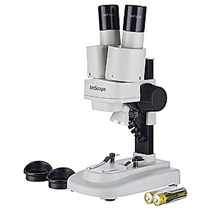 AMSCOPE-KIDS SE100ZZ-LED Portable Binocular Stereo Microscope, WF10X and WF25x Eyepieces, 20X and 50X Magnification, 2X Objective, LED Light Source, Reversible Black/White Stage Plate, Battery-Powered