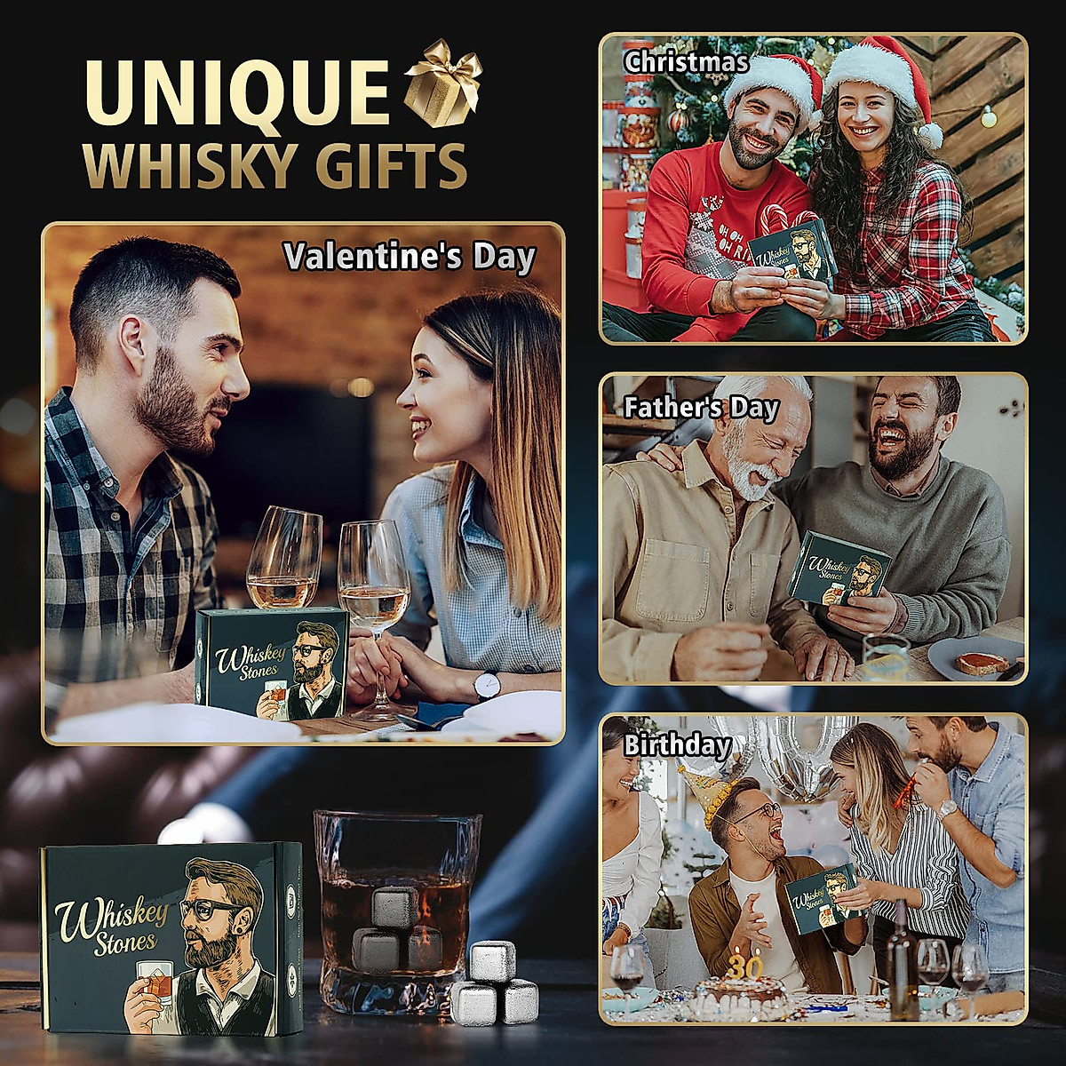 VZLIVE Six Whiskey Stones Set, Valentines Day Gifts for Men Boyfriend Husband Dad, Reusable Ice Cube for Drinking, Anniversary Birthday Gift Ideas for Him, Cool Gadgets for Whisky Lovers