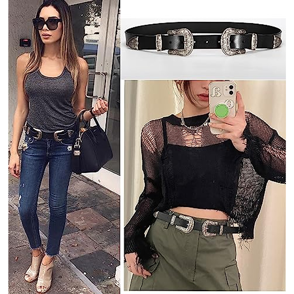 ALAIX Women's Belt Western Vintage Style Genuine Leather Belt Two Buckles Waist Belts for Jeans Dress Pants Silver