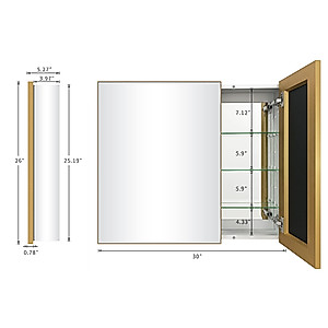 FOMAYKO Bathroom Medicine Cabinet with Farmhouse Gold Metal Framed 26(H) x30(W) Inches Double Sided Mirror Door Recess or Surface Mount Mirror Cabinet for Bathroom Toilet Kitchen