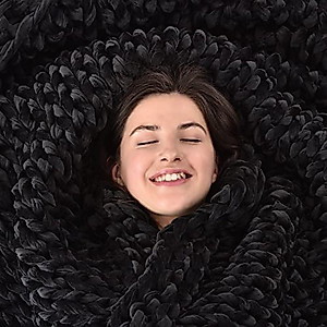 Handmade Chunky Knitted Weighted Blanket Velvet Knit Throw for Sleep,No Filler,Evenly Weighted,Soft Cozy(Black,51"x63"-13.5lbs)