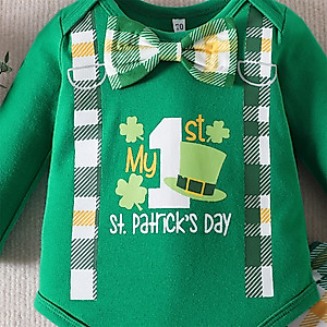 flower frail Infant Baby Boy My first St Patricks Day Outfit Newborn Green Bow Tie Romper Irish Clover Pant Set and Hat 3-6M