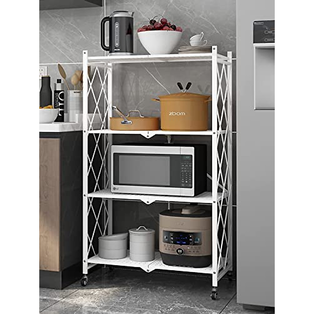 4 Tier Foldable Shelving Unit, Lanstics Folding Shelves Heavy Duty Storage Shelving with Wheels Metal Shelf Standing Shelves Units for Home Kitchen Living Room
