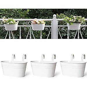 Dahey Metal Iron Hanging Flower Pots for Railing Fence Hanging Bucket Pots Countryside Style Window Flower Plant Holder with Detachable Hooks Home Decor,White,3 Pcs