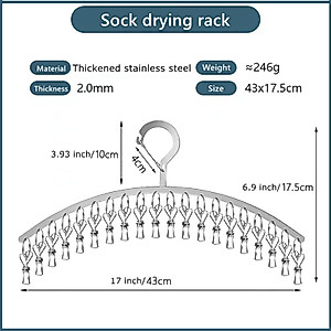Laundry Sock Drying Rack with 20 Clips Windproof Drying Rack Multi-Purpose Stainless Steel Clothespins, ZNREUHATravel Camping Dryer Hanger for Socks, Gloves, Hat, Baby Clothes (2 Pack)