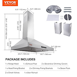 VBENLEM Wall Mount Range Hood, Ductless Chimney-Style Kitchen Stove Vent, Stainless Steel Permanent Filter with 3-Speed Exhaust Fan, 2 Baffle Filters, LED Lights, Touch Control Panel (30 inch)