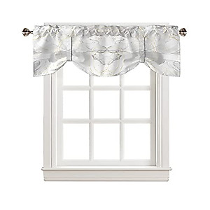 Tie Up Valance Curtains Abstract White Grey Marble Stone Kitchen Cafe Valances for Windows,Rod Pocket Adjustable Balloon Window Shades for Living Room Bathroom Natural Agate with Gold Line,1 Panel
