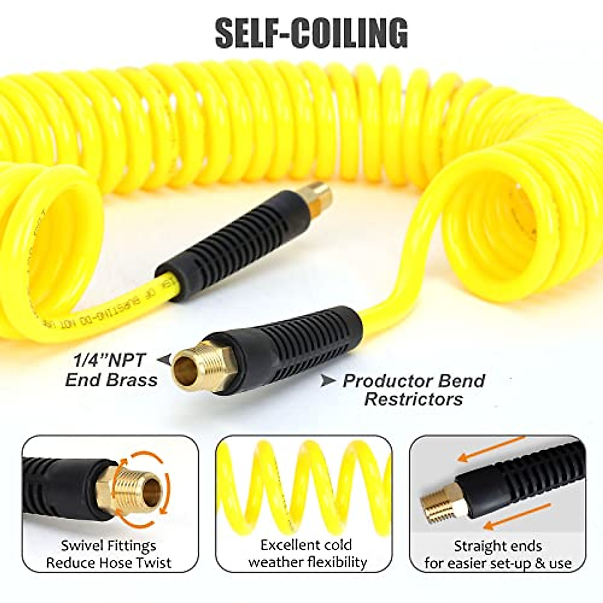 YNAir 18 Pieces Air Compressor Accessories kit, 1/4 in x 25 ft Recoil Poly Air Compressor Hose Kit, 1/4" NPT Quick Connect Air Fittings, 100 PSI Tire Inflator Gauge, Blow Gun, Couplers and Plugs