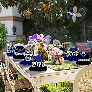 LINGTEER Congrats Grad,Class of 2023 Graduation Table Honeycomb Centerpieces - 8 pcs 2023 Graduation Party Decorations Sign - Blue.