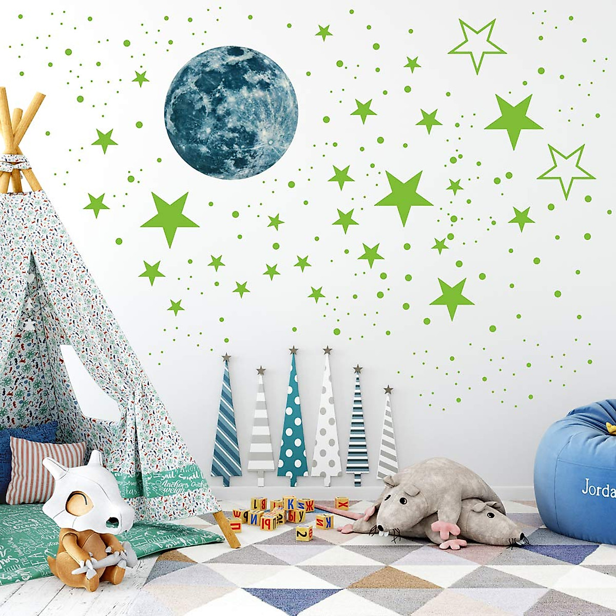 Baybuy Glow in The Dark Stars for Ceiling, 3D Glow Stars Wall Stickers, 1093pcs, Green, Starry Night Style, PVC Material, Reusable, Indoor Use, Perfect for Kids Bedroom and Gift
