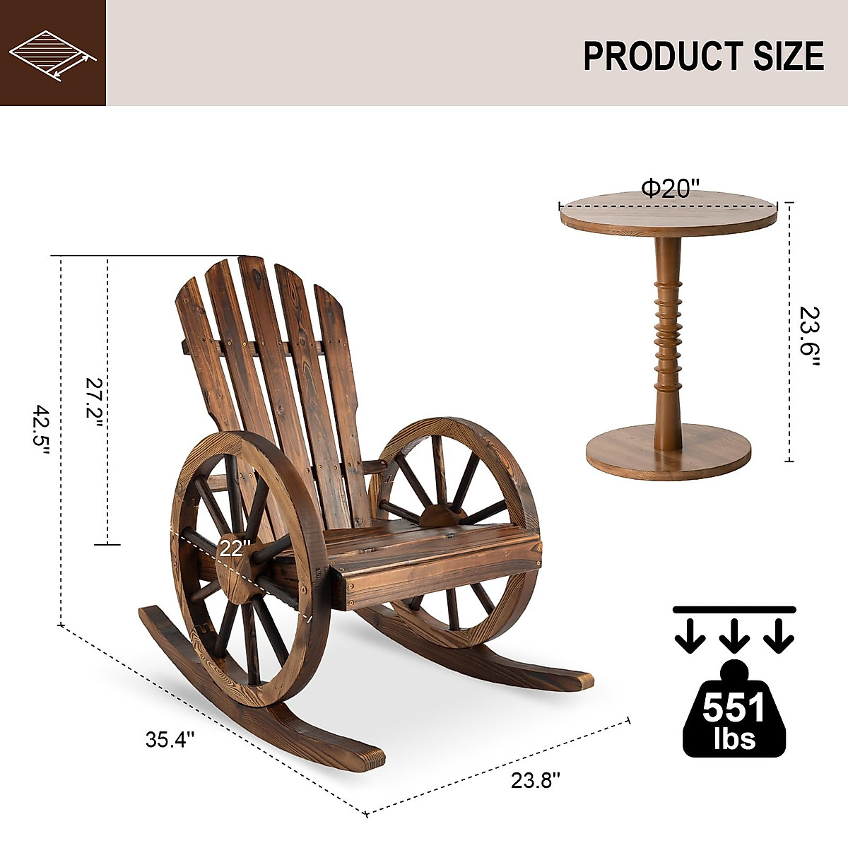 FURNDOOR Wooden Wagon Wheel Rocking Chair Set, 3PCS Outdoor Rocking Bistro Set Rustic Rocker with Coffee Table for Backyard Porch Poolside Lawn