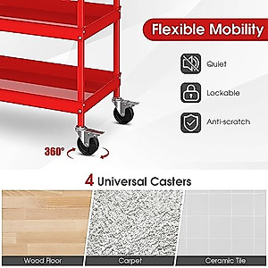 IRONMAX 3-Tier Rolling Tool Cart, 396LBS Heavy Duty Metal Utility Cart w/Lockable Universal Wheels, Storage Organizer Steel Service Cart for Garage, Office, Kitchen, Workshop, Repair Shop (Red)