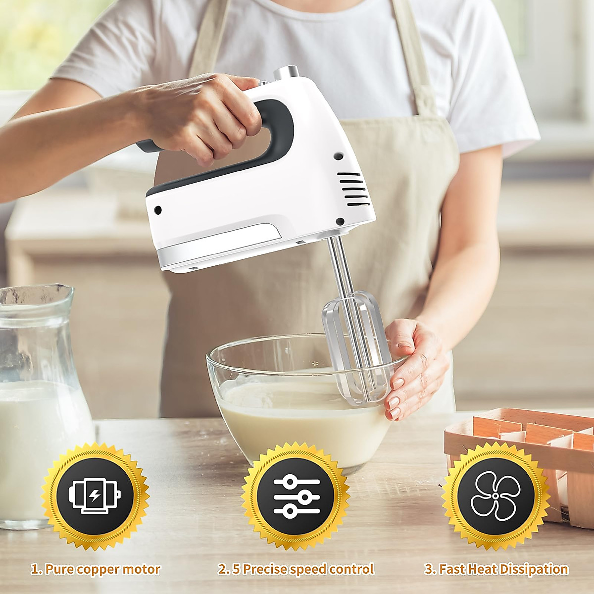 CBQ Hand Mixer Electric, 5-Speed 400W Powerful Motor, Hand Mixer Electric Handheld with Storage Case, Turbo Boost and 5x Accessories, Flat Beaters, Dough Hooks, Whisk (White)