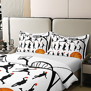 Basketball Print Bedding 100% Cotton Set Sports Theme Duvet Cover 100% Cotton 3D Ball Pattern Breathable Gift for Basketball Player Black White Duvet Set Room Decor Quilt Cover Full Size Zipper