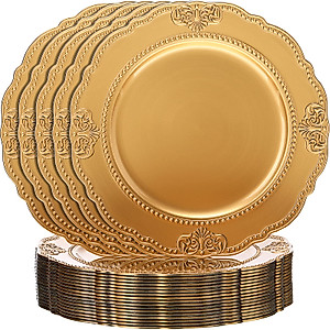 Nuanchu 18 Pack Gold Charger Plates 13 Inch Scalloped Dinner Plates with Bead Rim Embossed Plastic Chargers for Dining, Wedding, Banquets, Party, Event, Anniversary, Holidays Decoration