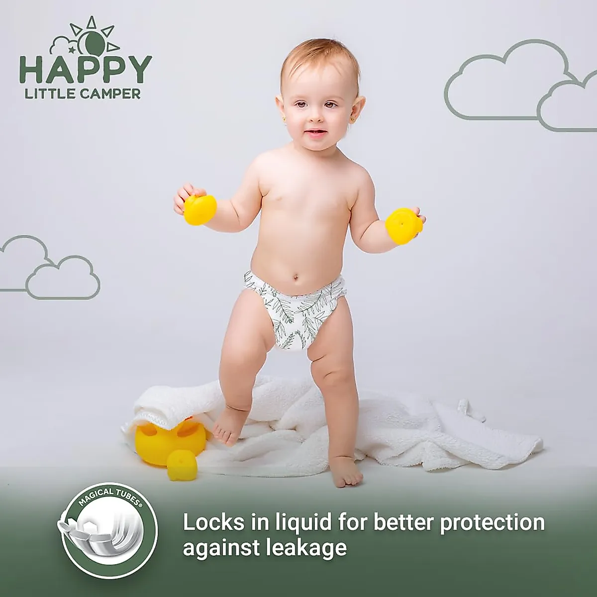 Happy Little Camper Ultra-Absorbent Natural Baby Diapers Size 6 - Hypoallergenic & Chlorine-Free Disposable Diapers Safe for Sensitive Skin - Unscented Junior Diapers - 17 Count