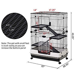 PawHut 43" H Small Animal Cage, 4-Level Bunny Cage with Rolling Stand, Chinchilla Cage with Doors, Slide-Out Tray, Black
