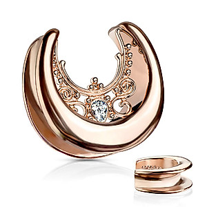 Pierced Owl Rose Gold Tone Floral Filigree Crystal Center Saddle Spreader Ear Gauges in 316L Stainless Steel, Sold as A Pair (10mm (00GA))