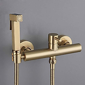 MINJING Bidet Faucet Brushed Gold, Soild Brass Wall Mounted Toilet Bidet Sprayer Set, Hot and Cold Water Mixer Tap, Cloth Diaper Sprayer for Toilet