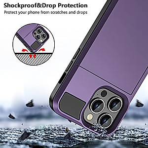 Vofolen for iPhone 13 Pro Max Case Wallet Credit Card Holder ID Slot Sliding Door Hidden Pocket Men Women Anti-Scratch Dual Layer Hybrid Bumper Armor Protective Shell Back Cover 6.7 inch GreyPurple