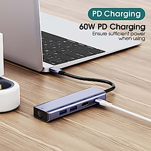 USB C Hub Multiport Adapter,EhYoo 7 Port USB-C Hub with 4K/HD 60Hz, RJ45 Ethernet, 60W PD, SD/TF Card Slots, 2X USB 3.0 5Gbps Data Ports, for ROG Ally, Smartphones, MacBook, iPad, Switch, Steam Deck